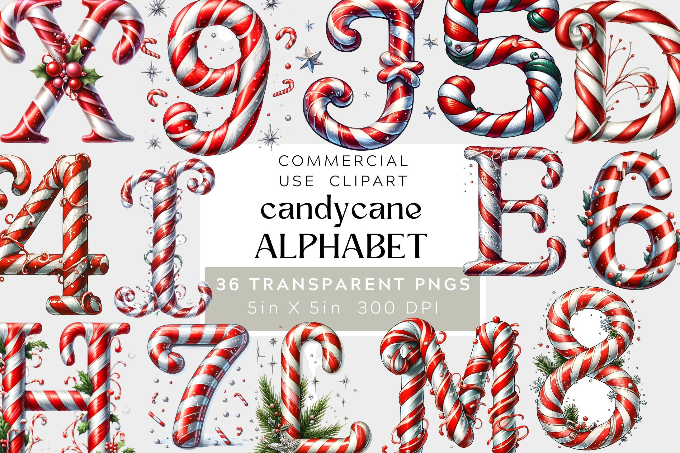 36 PNG Candycane Monogram Clipart Bundle, Initial, Letters Watercolor ...
