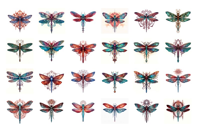 75 Ornate Dragonfly Graphic Design Bundle 2, Watercolor Illustration ...