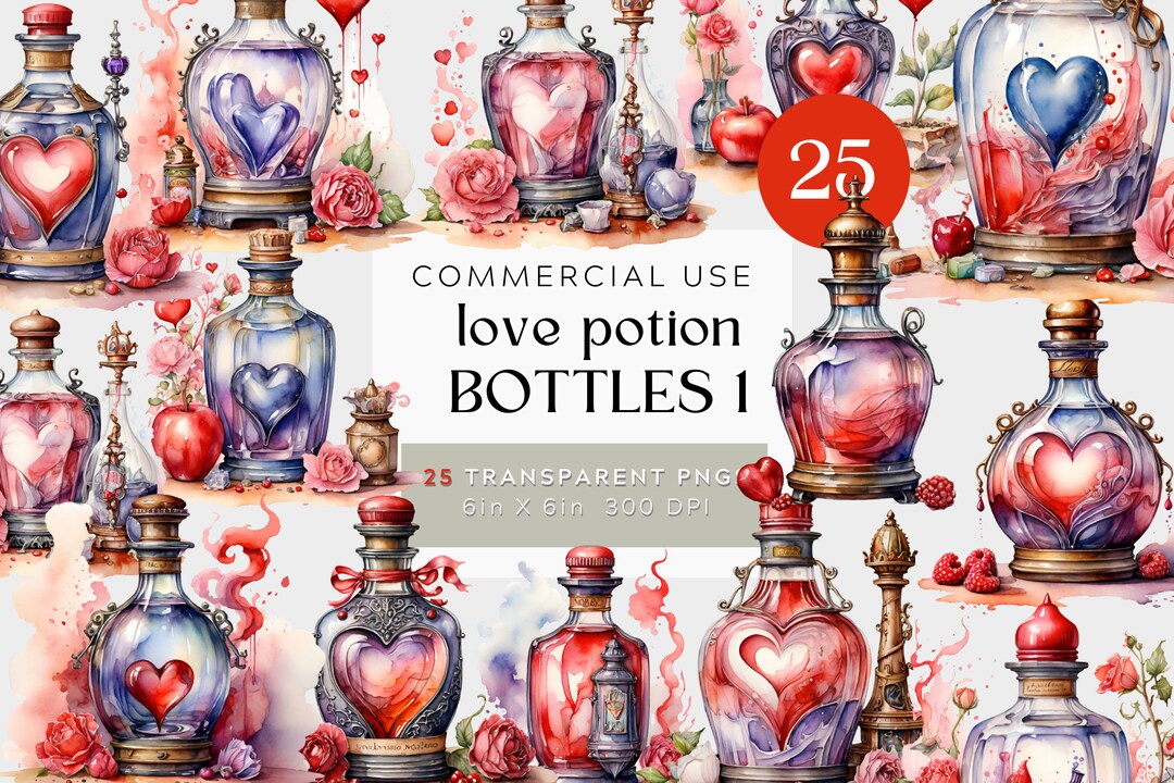 Love Potion Bottles, Watercolor Clipart Bundle, Cute Love Hearts ...