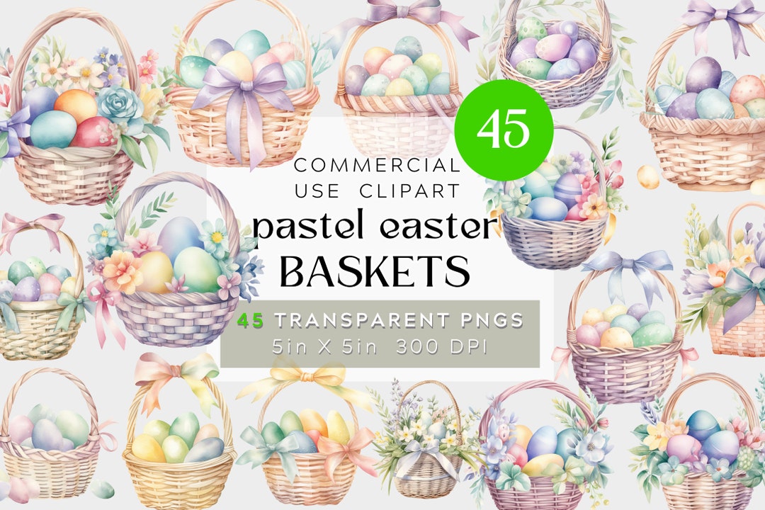 Pastel Easter Baskets, Watercolor Clipart, BUNDLE PNG, Transparent ...