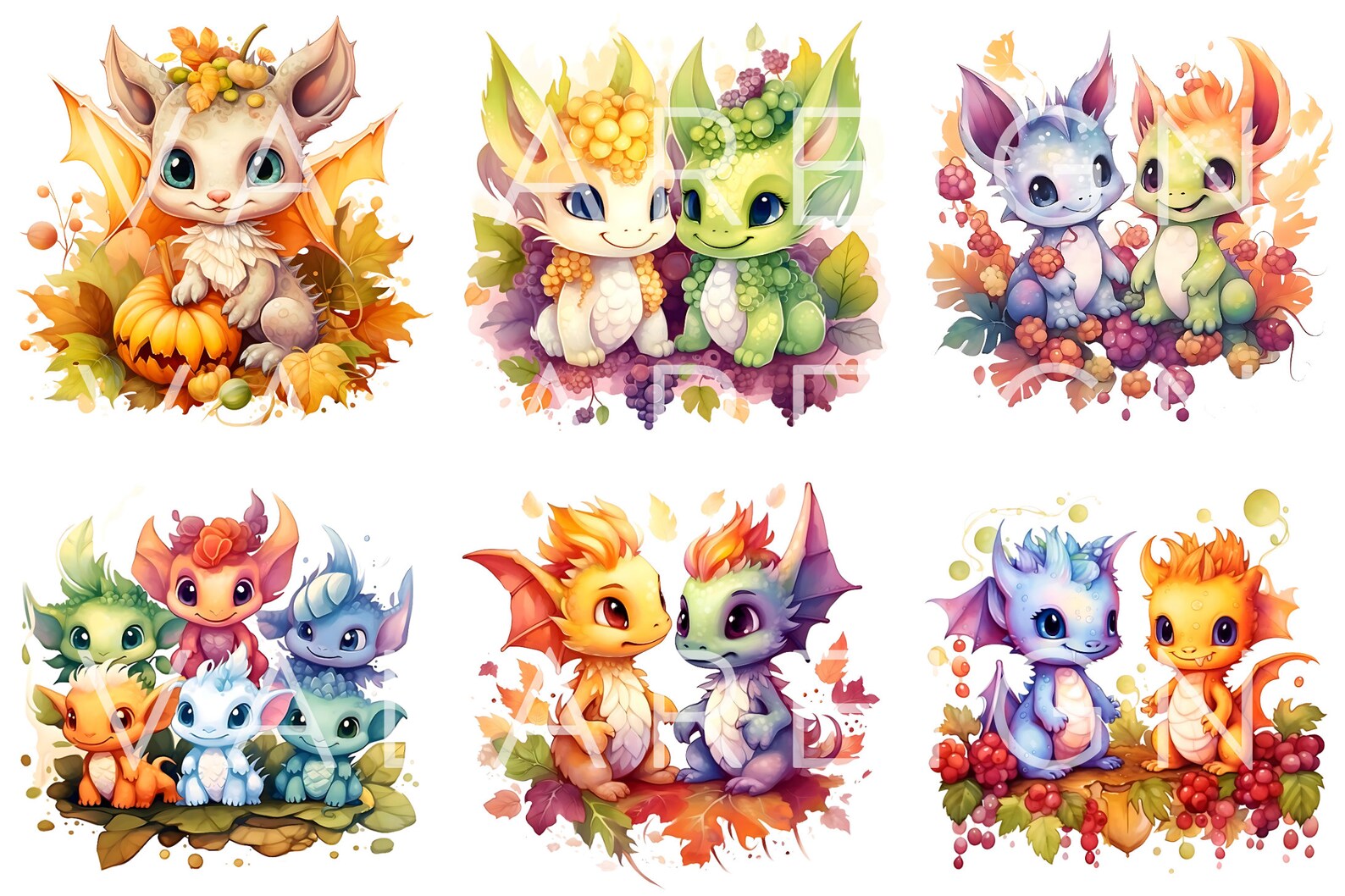 80 PNG Fall / Autumn Dragons Clipart, Fantasy Watercolor Dragons ...