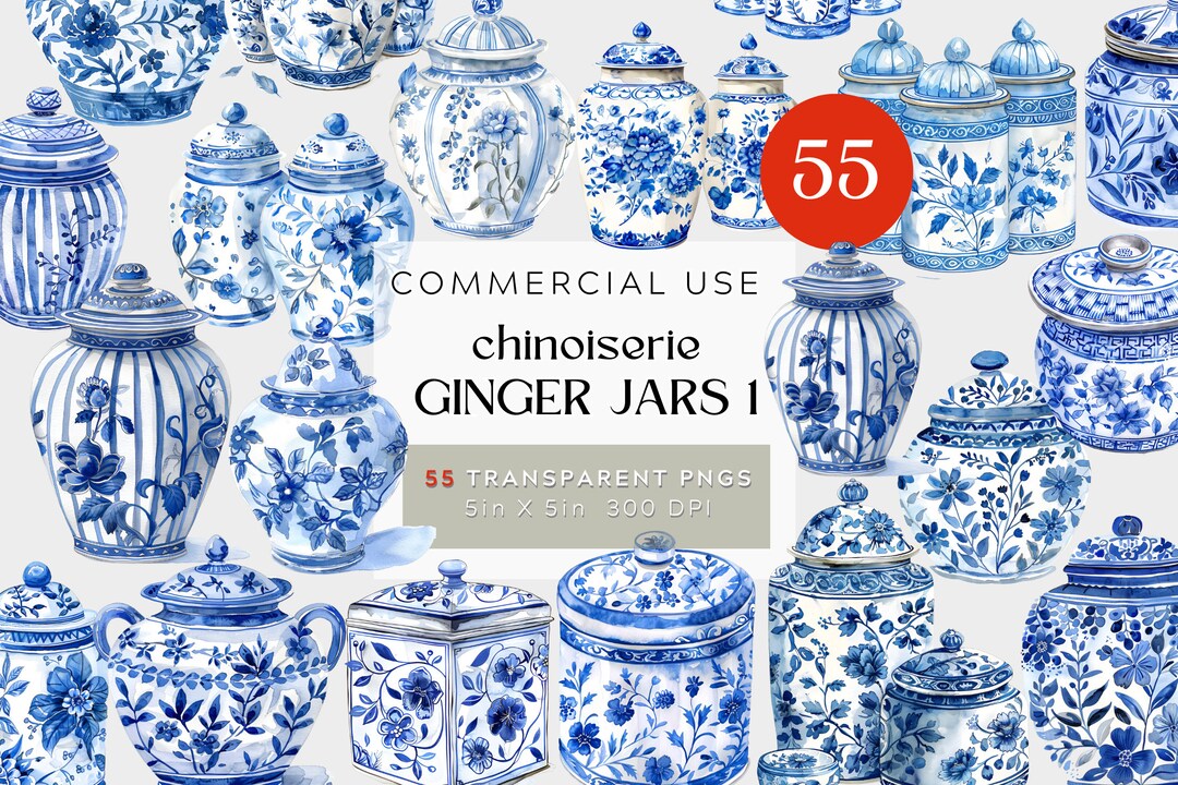 Chinoiserie Ginger Jars Vol 1, Watercolor Clipart BUNDLE PNG ...