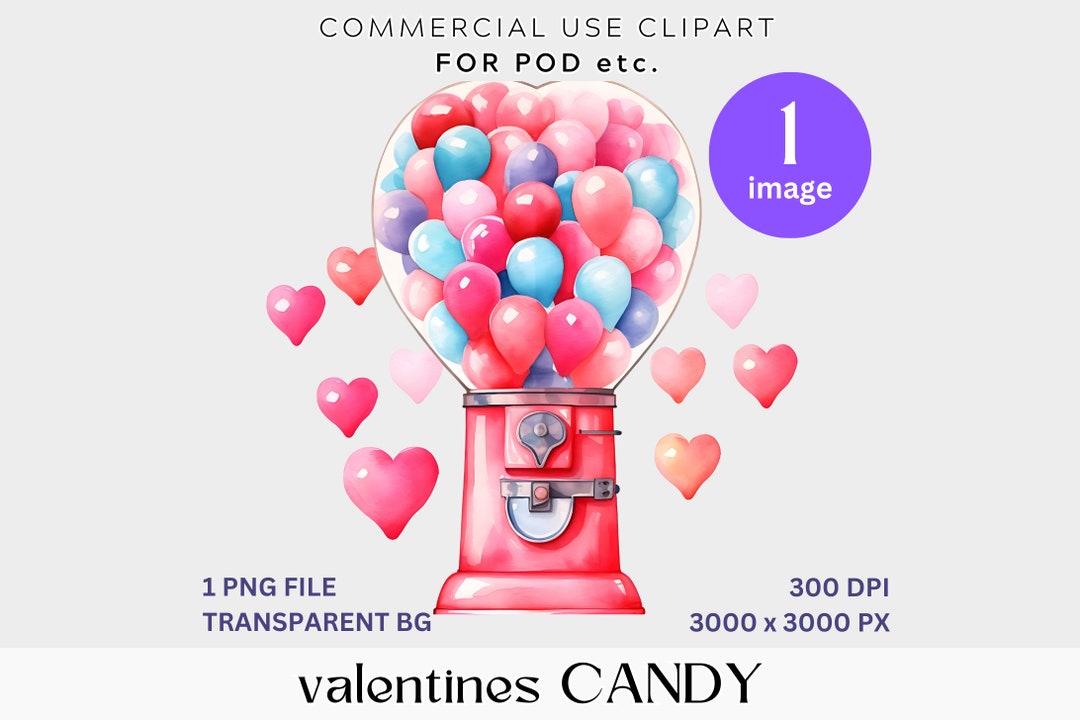 Cute Valentines Gumball Machine Clipart Watercolor, SINGLE IMAGE ...