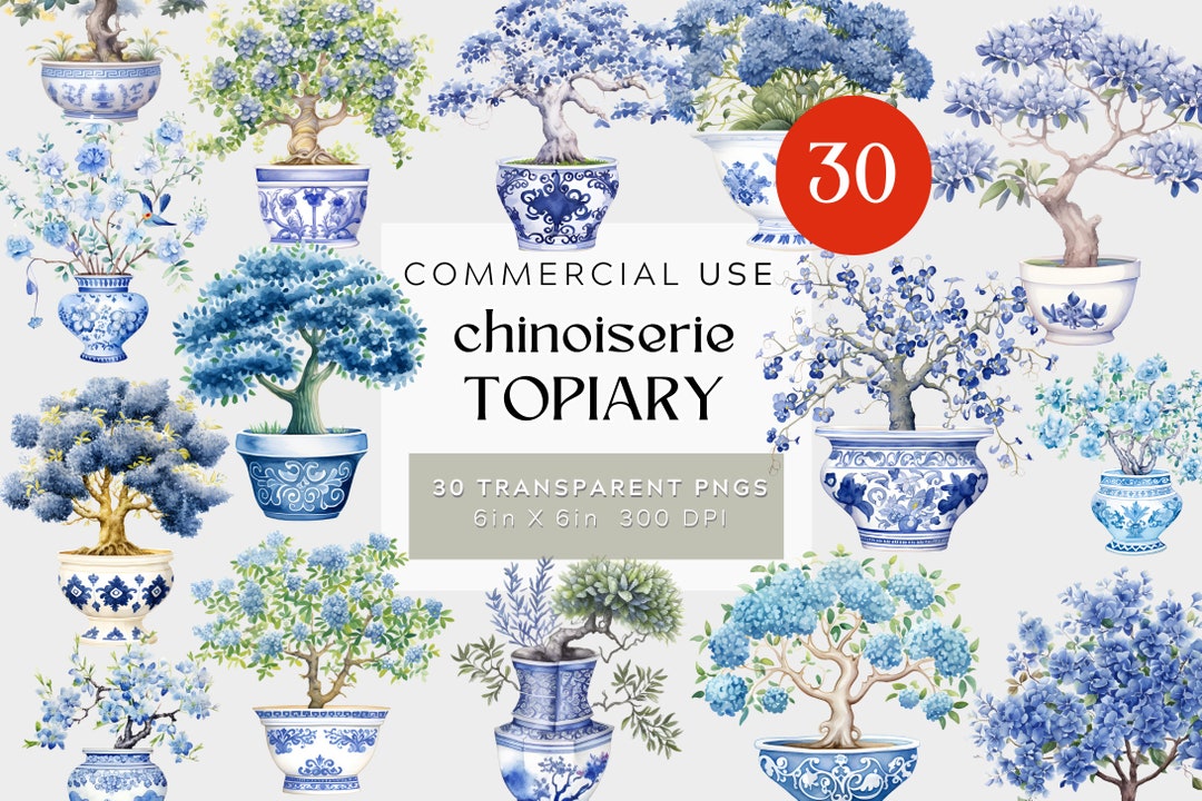 Chinoiserie Topiary Pots, Watercolor Clipart, BUNDLE PNG, Transparent ...