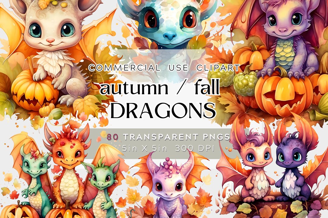 80 PNG Fall / Autumn Dragons Clipart, Fantasy Watercolor Dragons ...