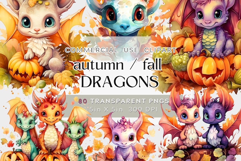 80 PNG Fall / Autumn Dragons Clipart, Fantasy Watercolor Dragons ...