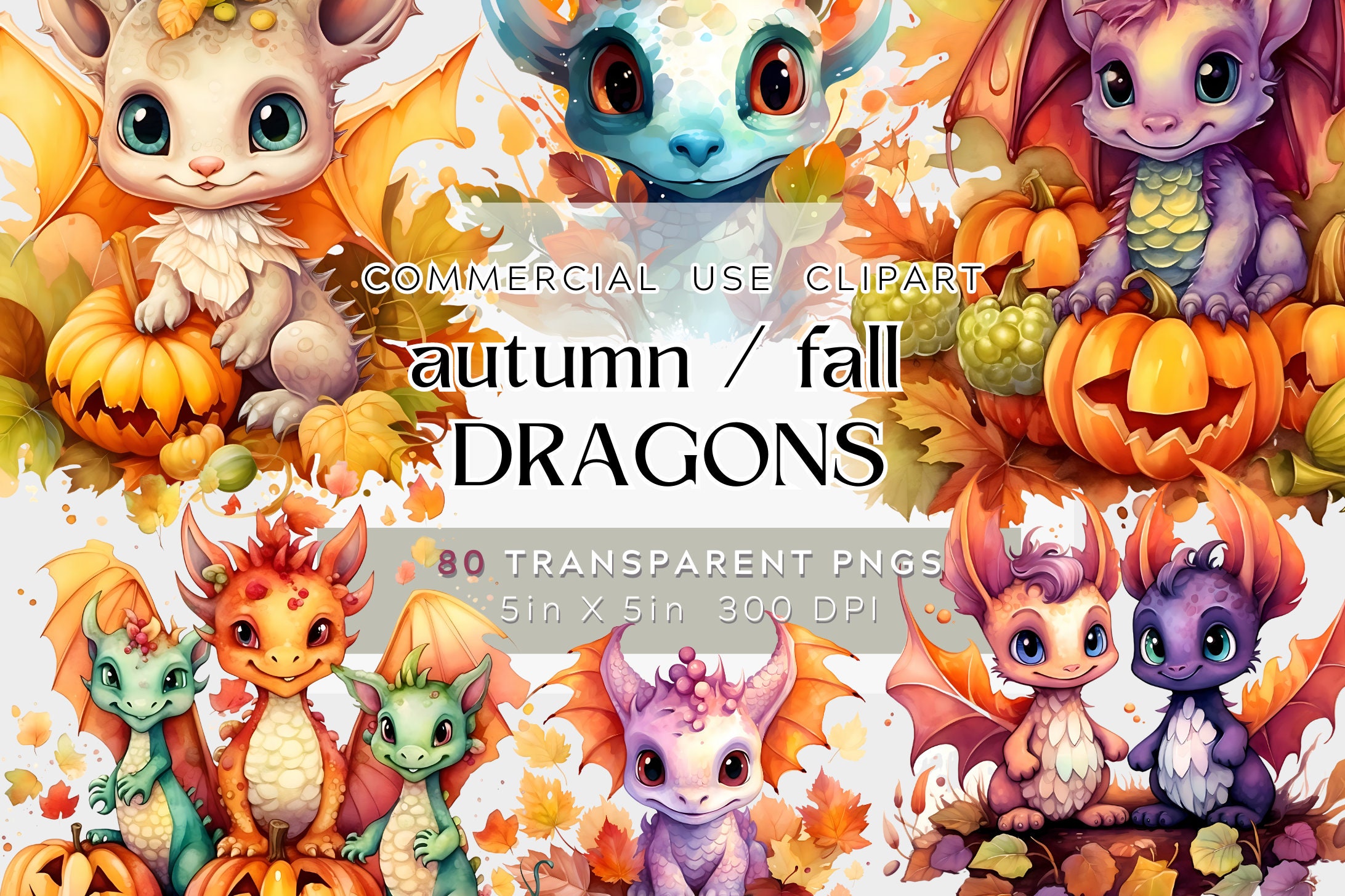 80 PNG Fall / Autumn Dragons Clipart, Fantasy Watercolor Dragons ...