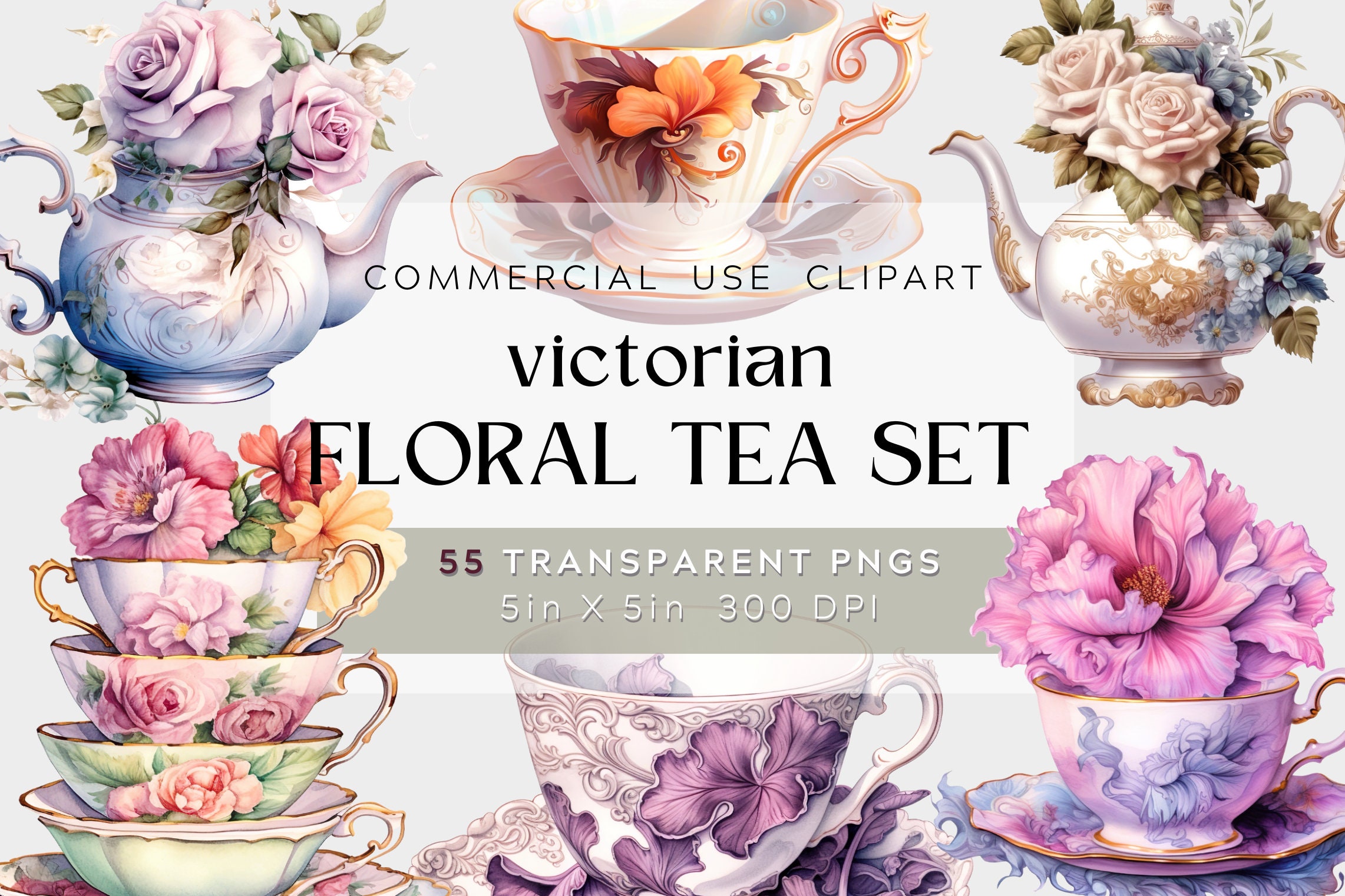 55 PNG Vintage Victorian Tea Time Teaset, Tea Set, Floral and Delicate ...