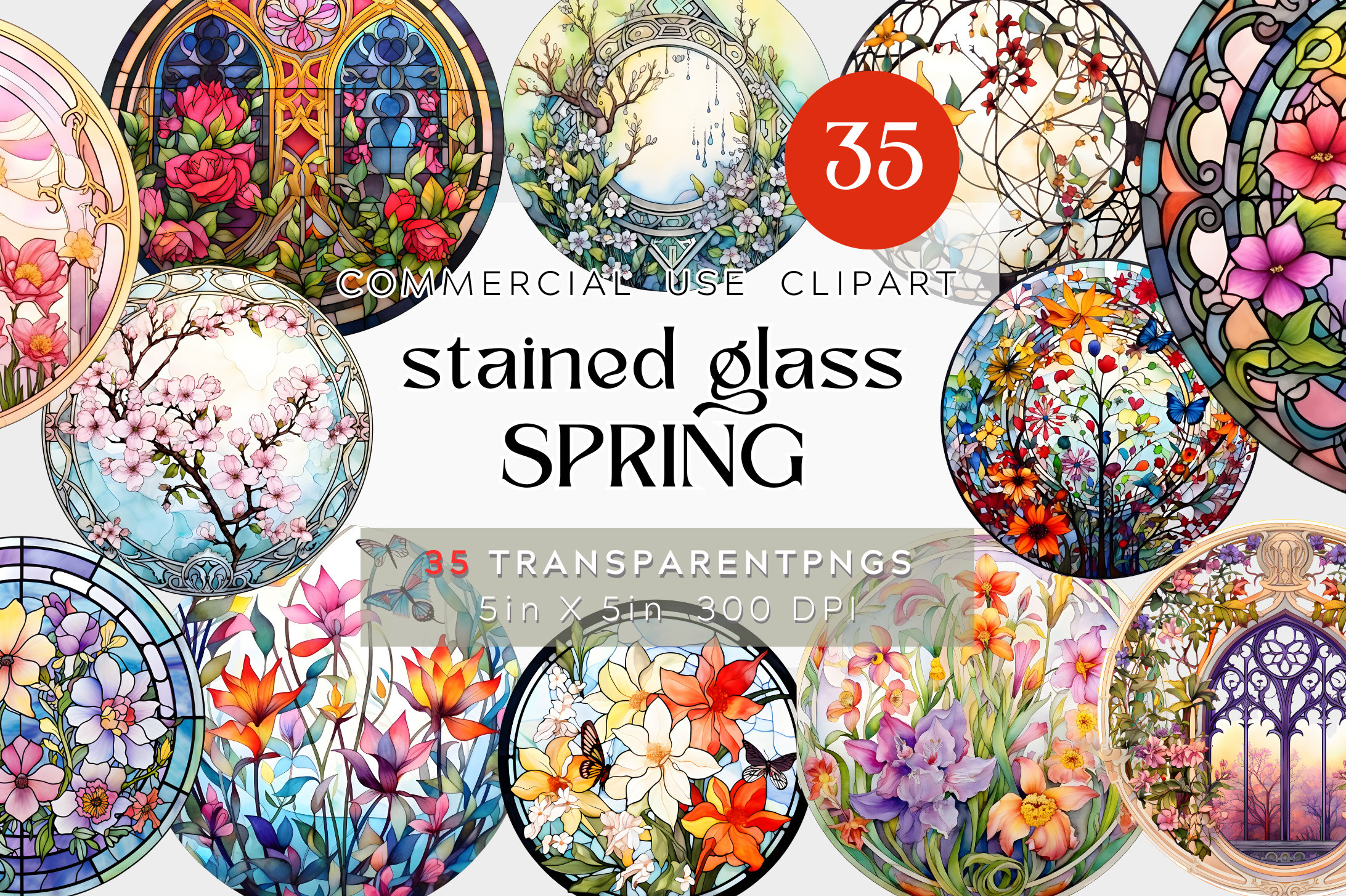 Stained Glass Spring Designs, Mandala Watercolor Clipart BUNDLE Stained ...