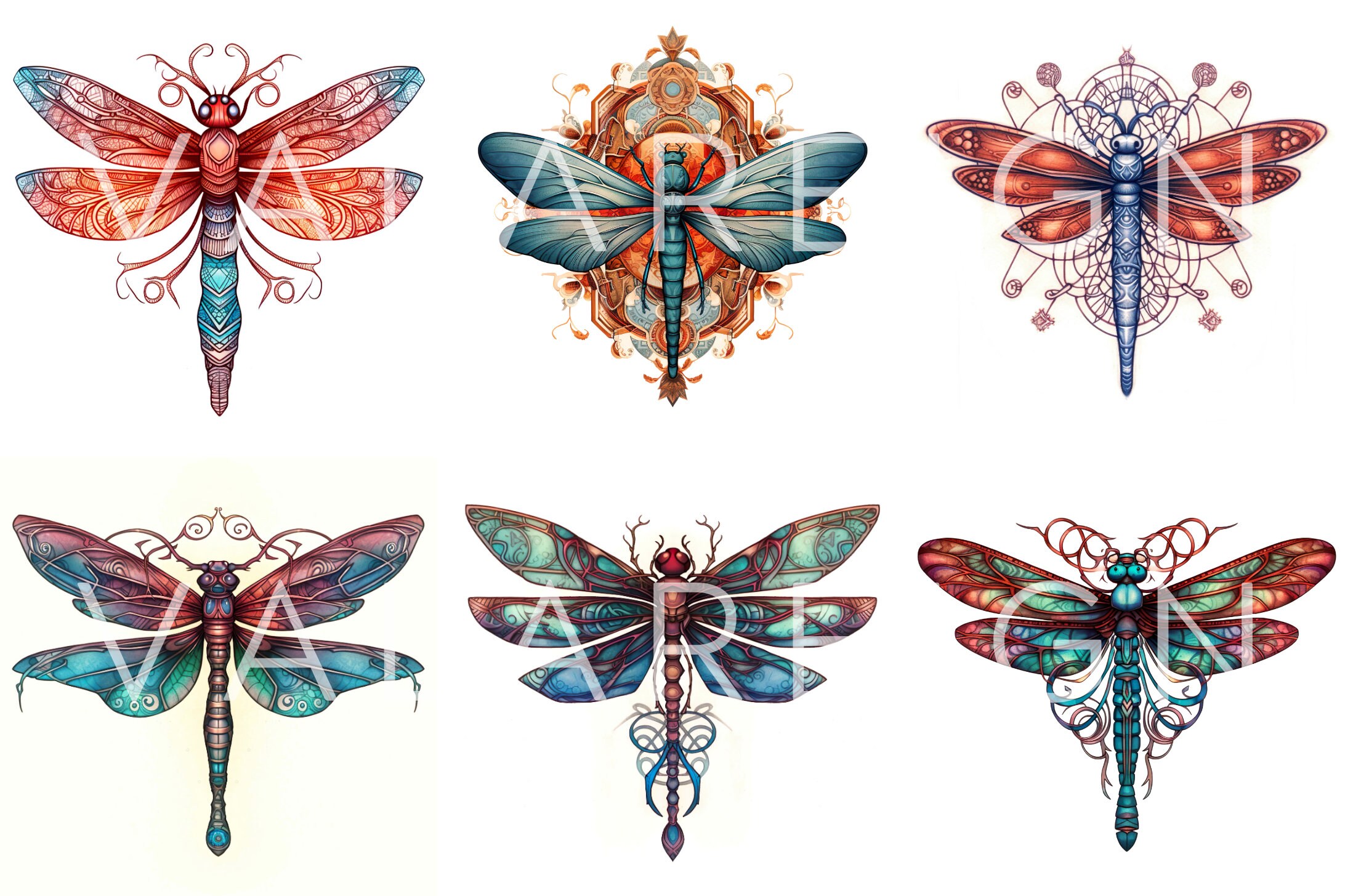 75 Ornate Dragonfly Graphic Design Bundle 2, Watercolor Illustration ...