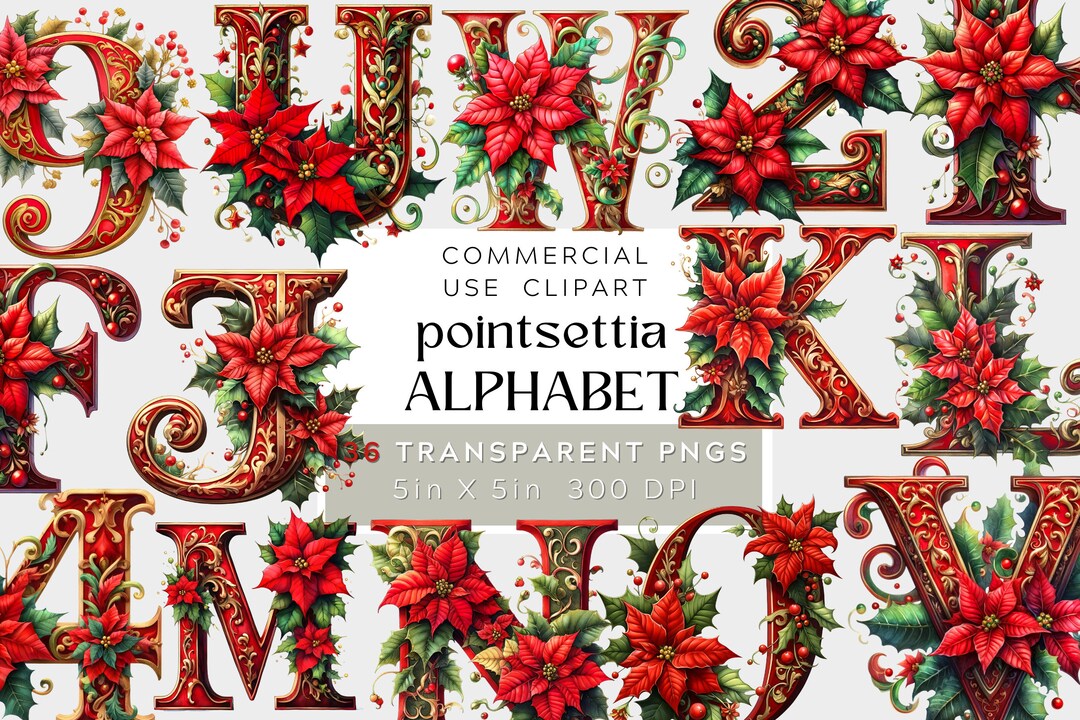 36 Christmas Pointsettia Monogram Clipart Bundle, Initial, Letters ...