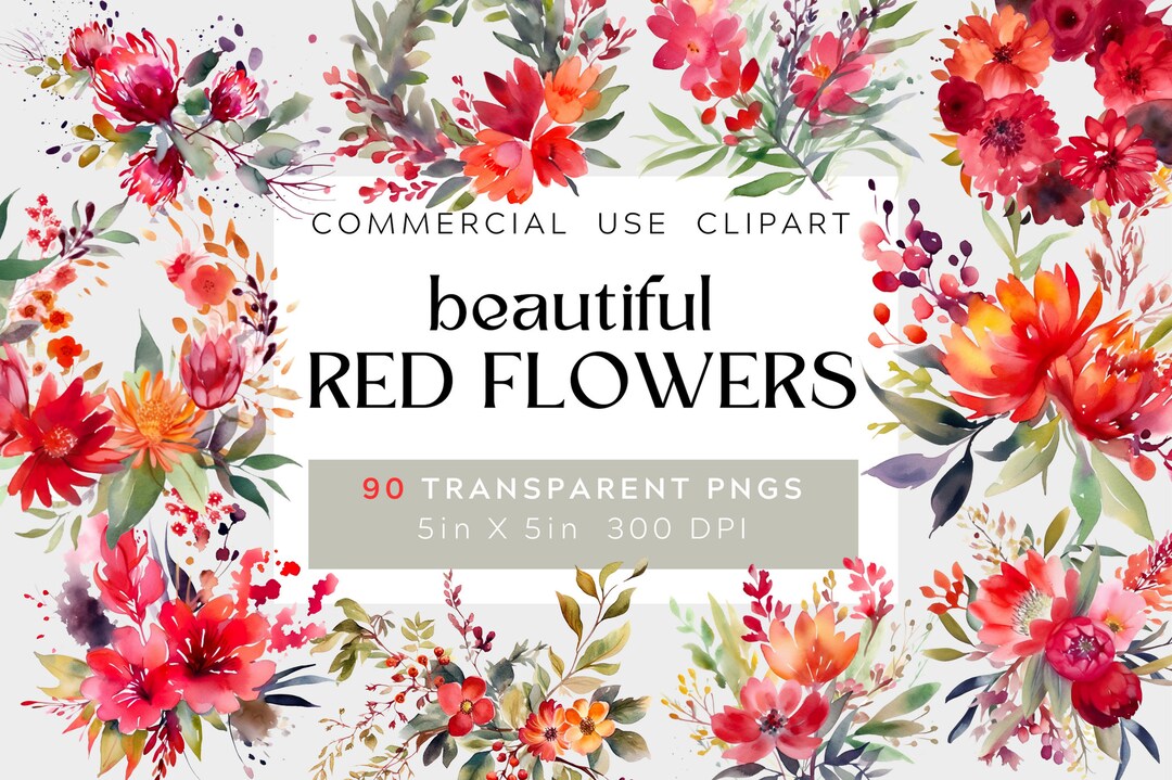 99 Watercolor Red Flowers PNG, Watercolor Flower Clipart, Commercial ...
