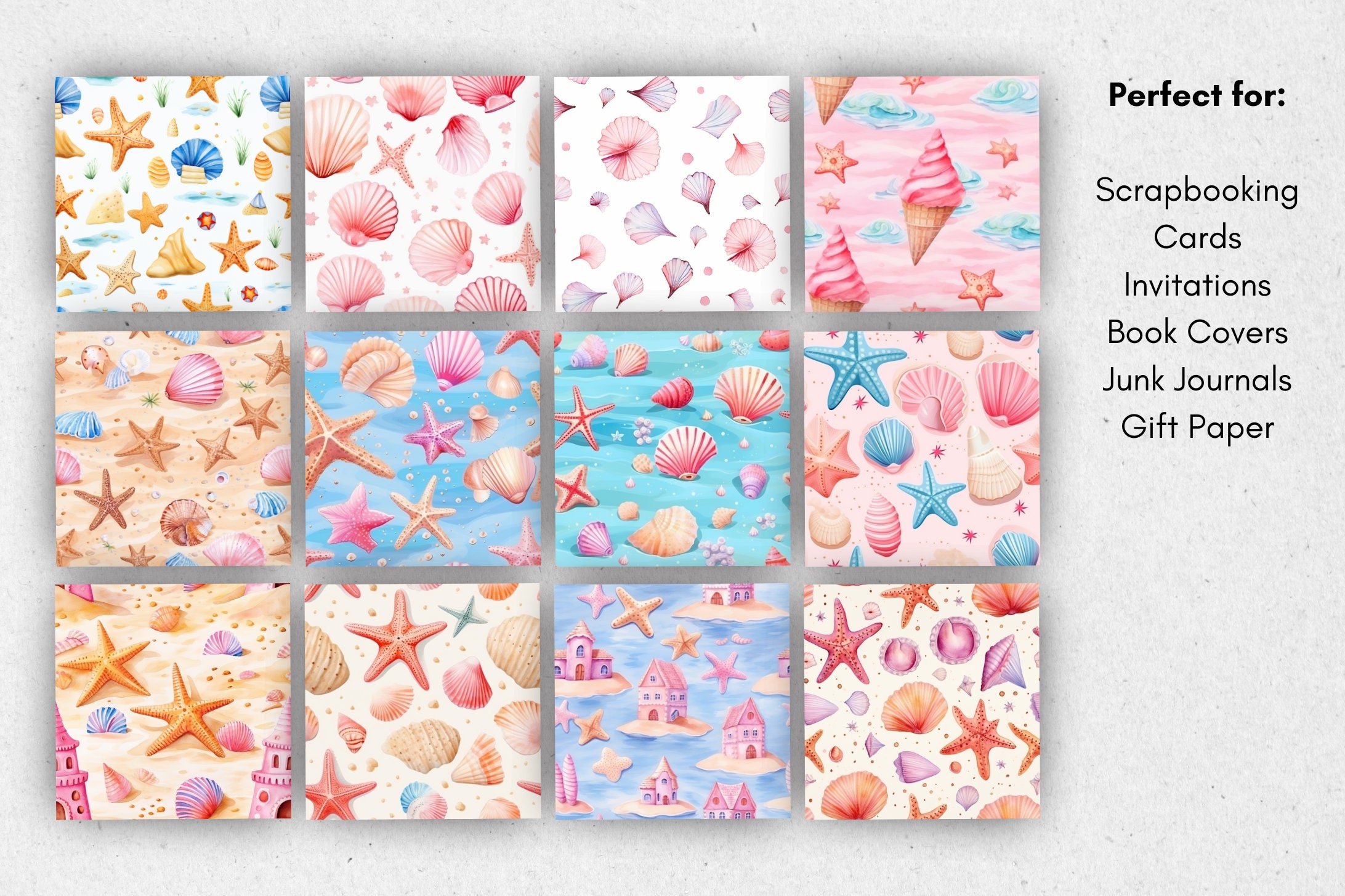 Pastel Beach Patterns Seamless Paper, Watercolor Digital Junk Journal ...