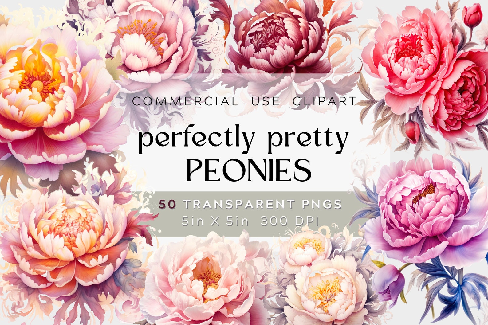 50 Peony Flower Floral Clipart Bundle, Floral Border Set, Peonies Png ...