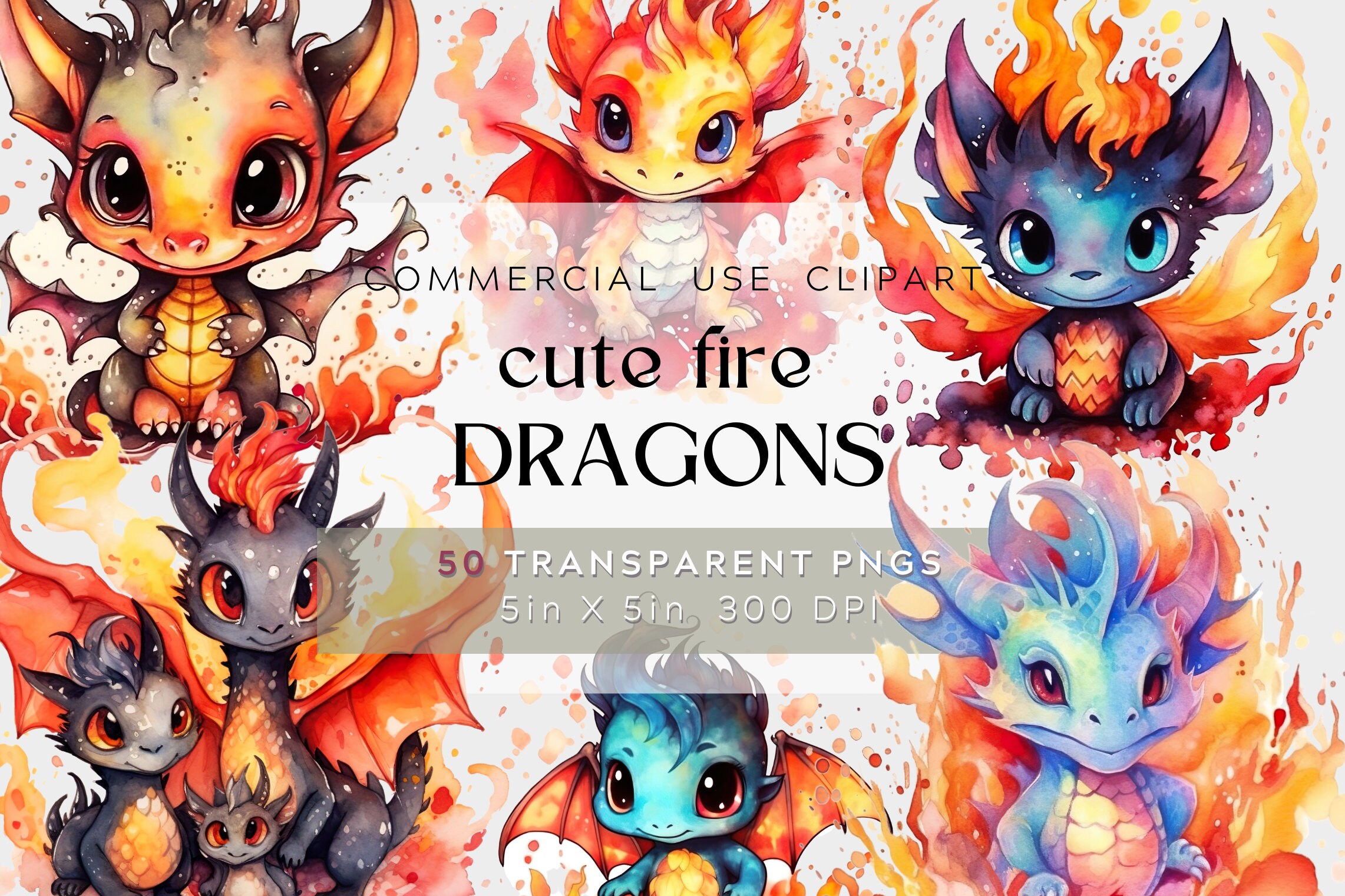 50 PNG Watercolor Fire Dragons Clipart Fantasy Baby Dragons - Etsy
