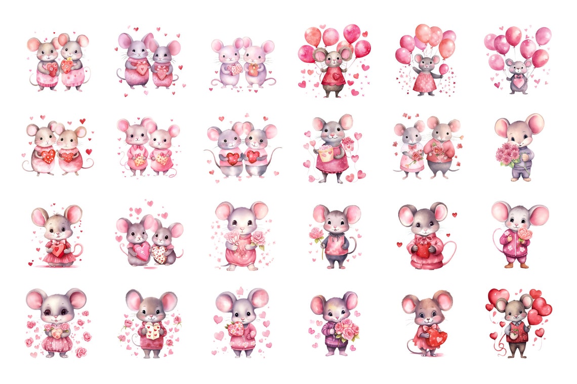 70 PNG Cute Mice, Valentines Day, Watercolor Clipart Bundle ...