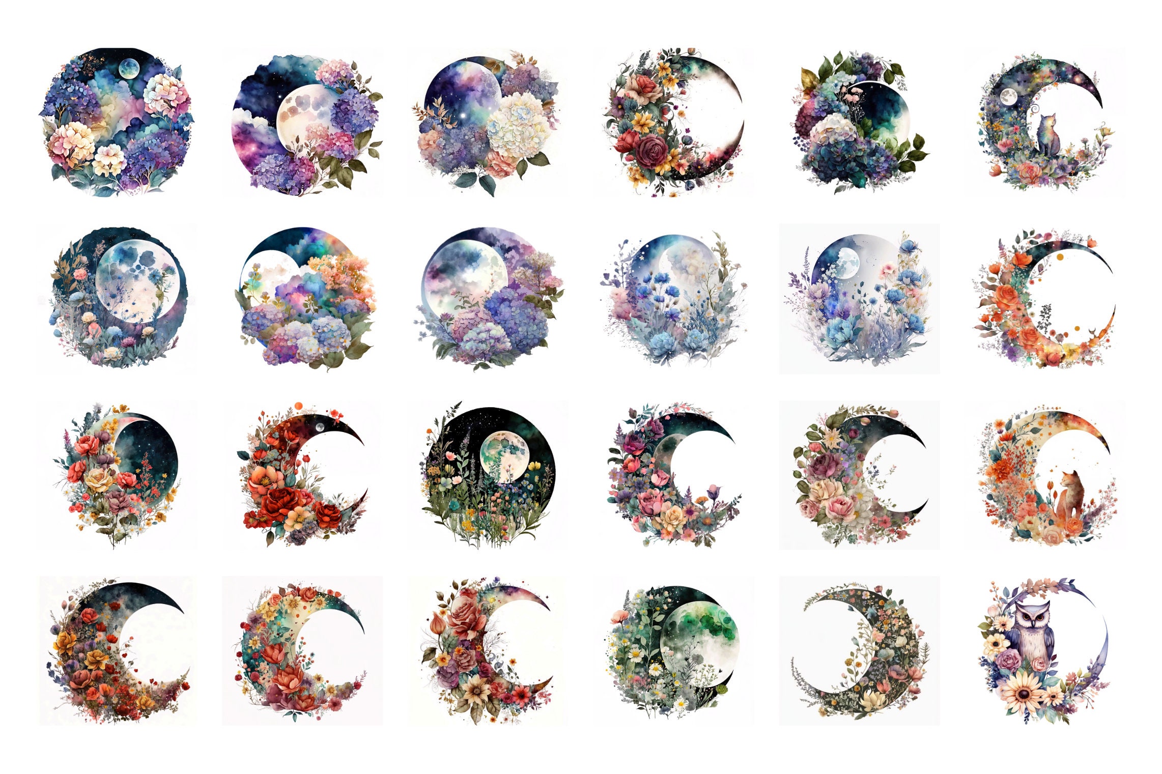 110 PNG Floral Moons, Watercolor Clipart Bundle. Transparent Background ...