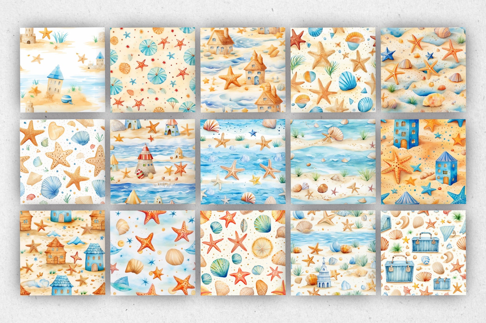 Pastel Beach Patterns Seamless Paper, Watercolor Digital Junk Journal ...