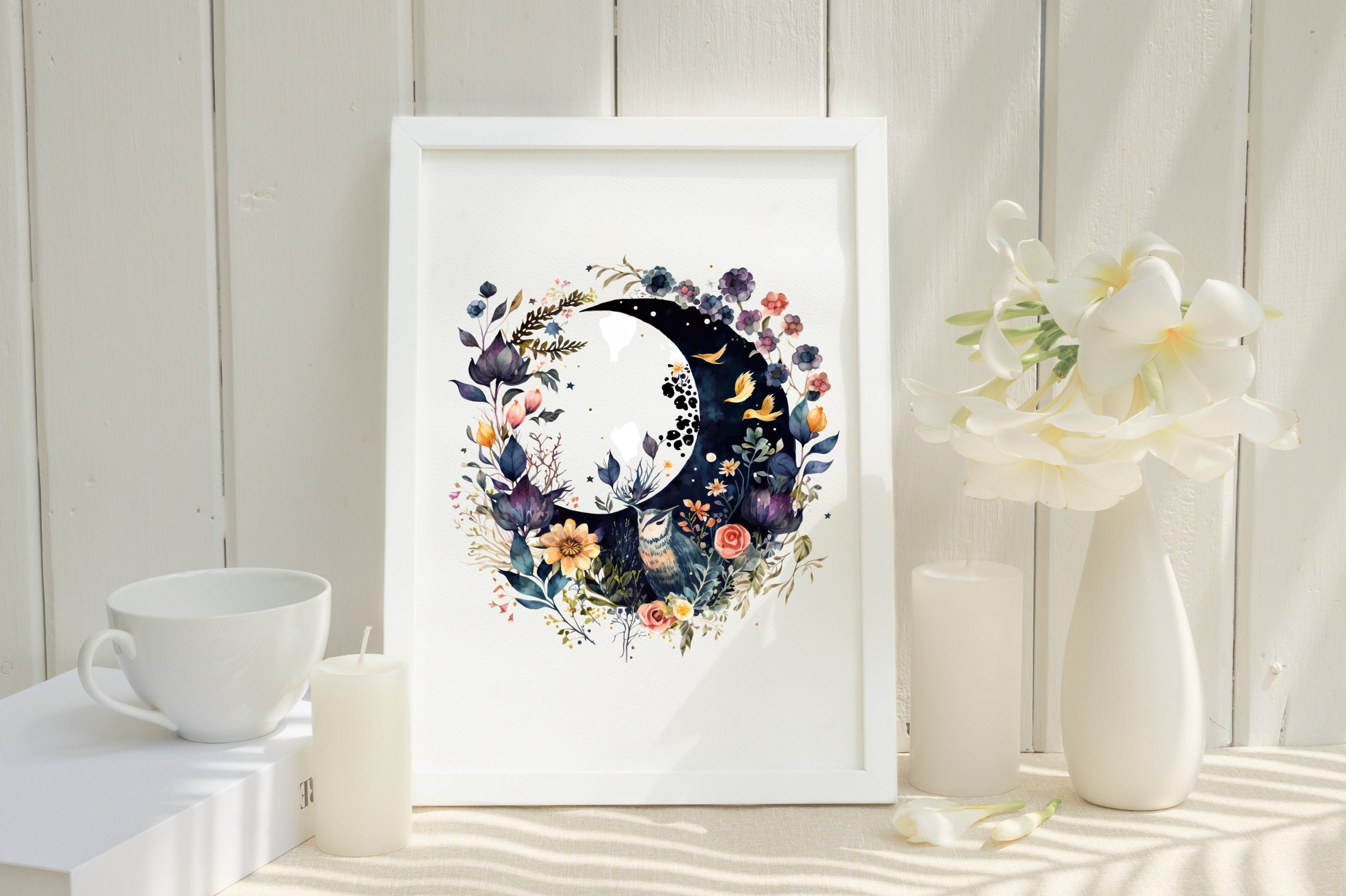 110 PNG Floral Moons, Watercolor Clipart Bundle. Transparent Background ...