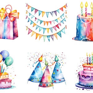 100 PNG Birthday Watercolor Clipart. BUNDLE Cute Cake, Balloons ...