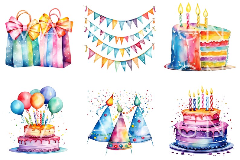 100 PNG Birthday Watercolor Clipart. BUNDLE Cute Cake, Balloons ...