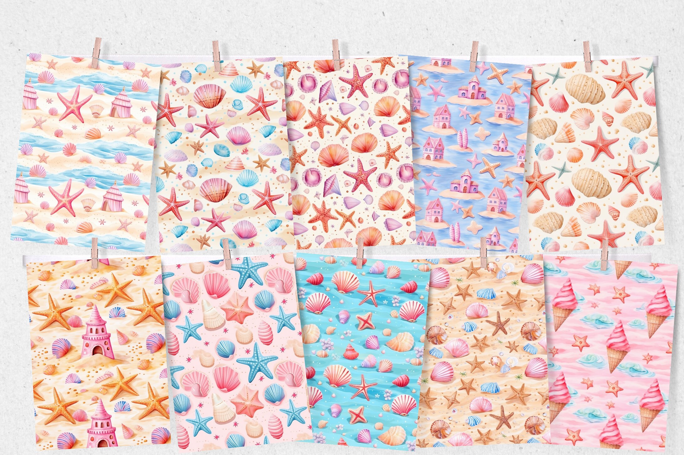Pastel Beach Patterns Seamless Paper, Watercolor Digital Junk Journal ...