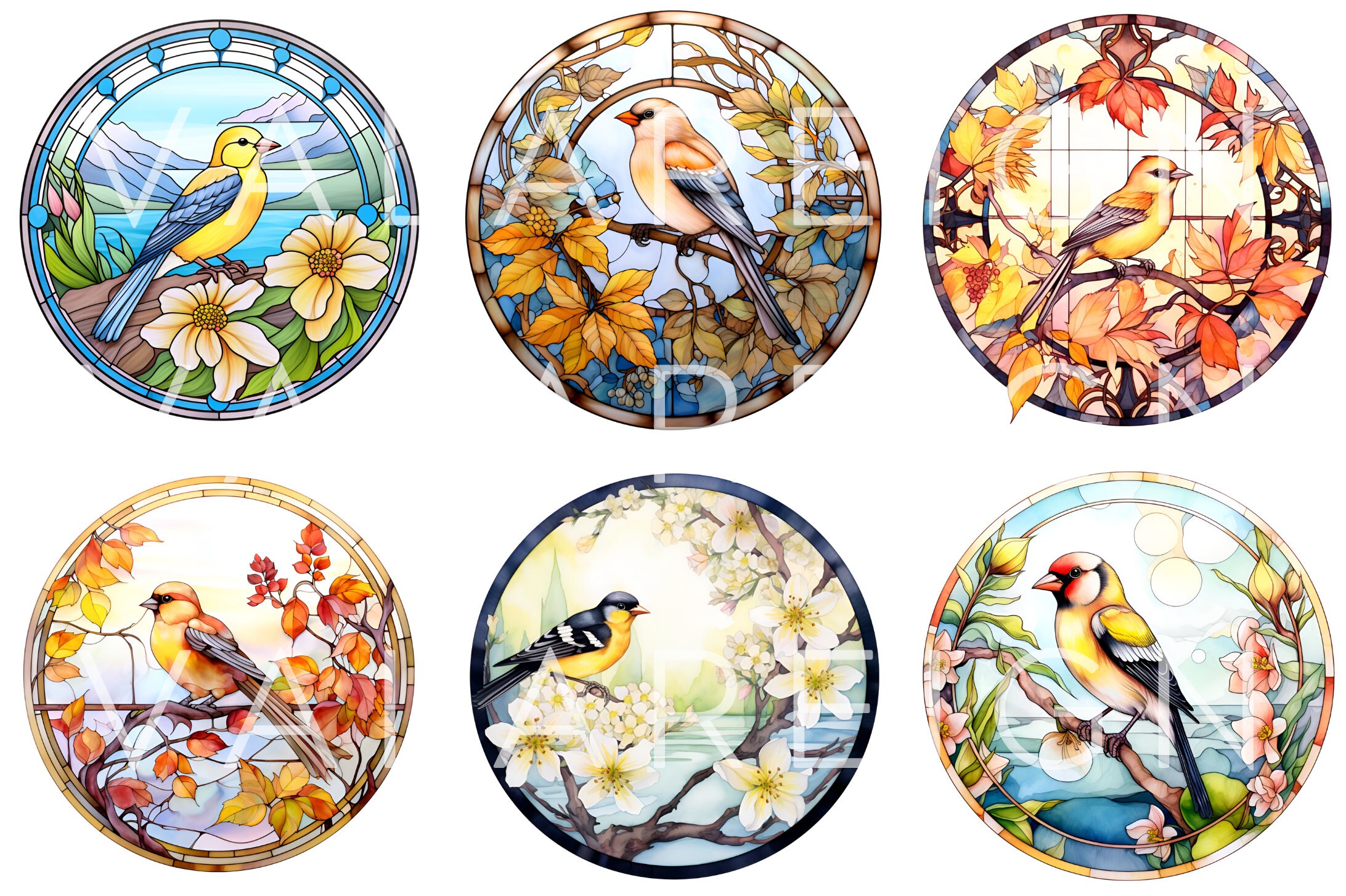 Stained Glass Finch Designs, Mandala Watercolor Clipart BUNDLE Stained ...