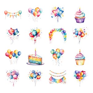100 PNG Birthday Watercolor Clipart. BUNDLE Cute Cake, Balloons ...