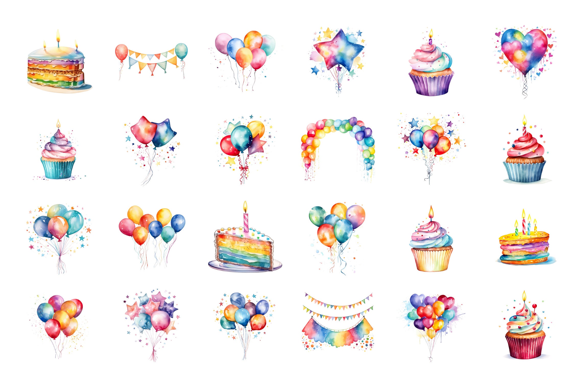 100 PNG Birthday Watercolor Clipart. BUNDLE Cute Cake, Balloons ...