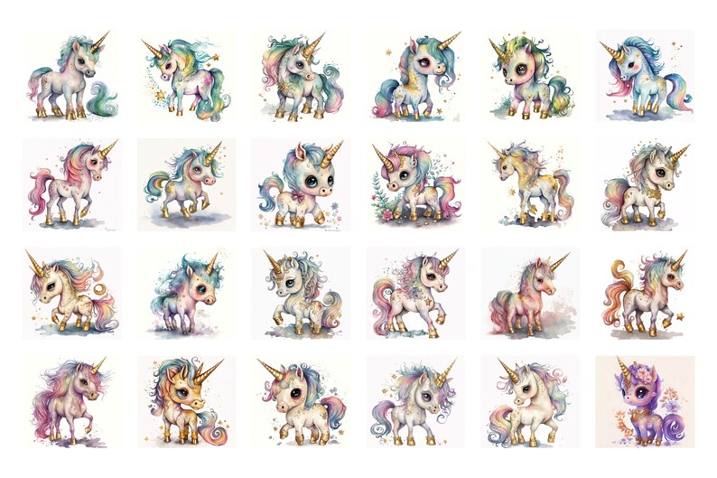 90 PNG Watercolor Gold Unicorn Clipart, Fantasy Colorful Unicorns ...