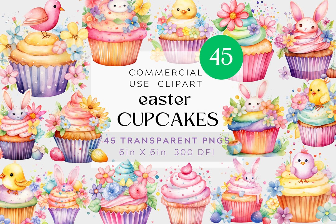 Easter Cupcakes Watercolor Clipart, BUNDLE PNG, Transparent Background ...