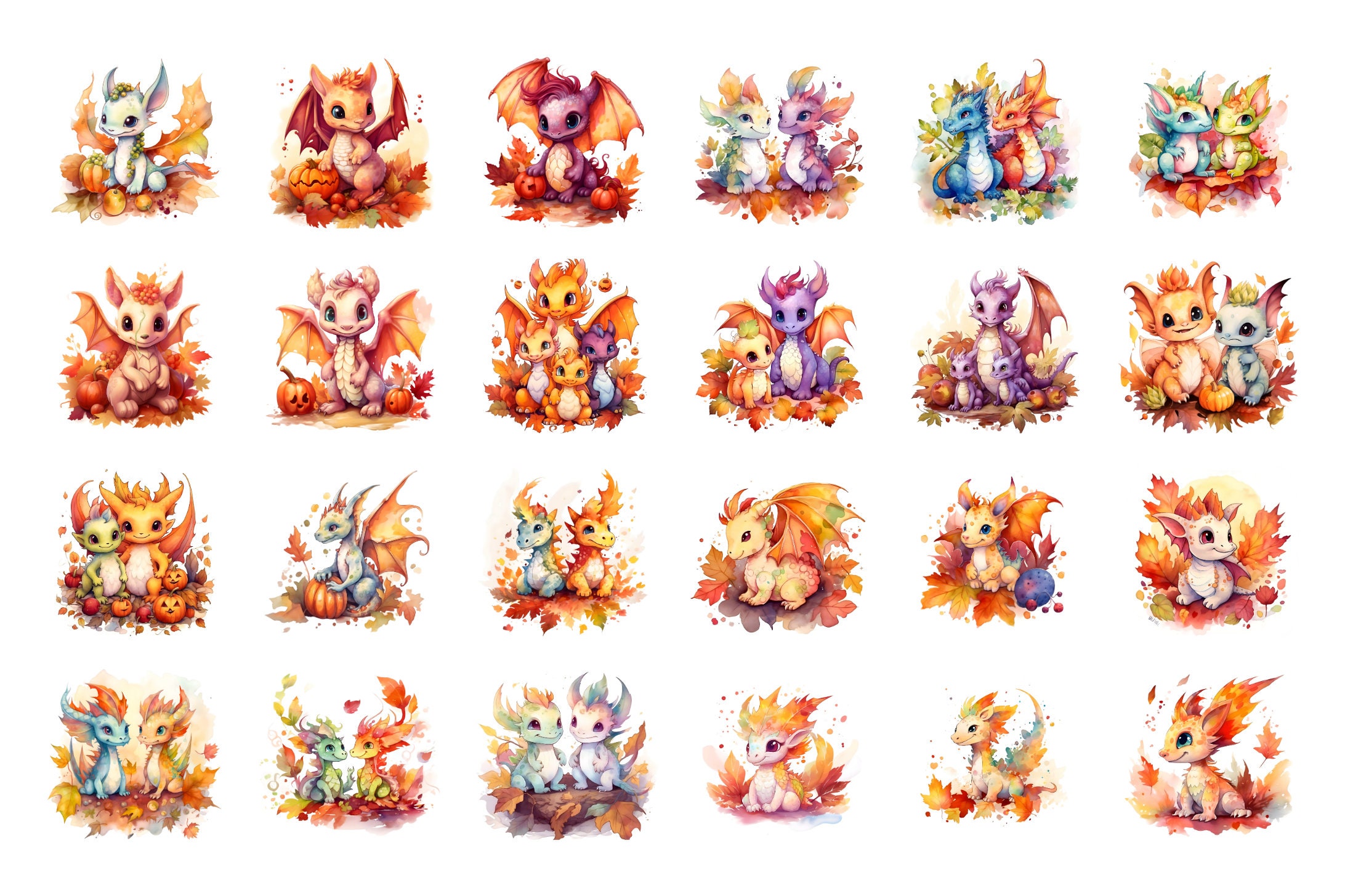 80 PNG Fall / Autumn Dragons Clipart, Fantasy Watercolor Dragons ...