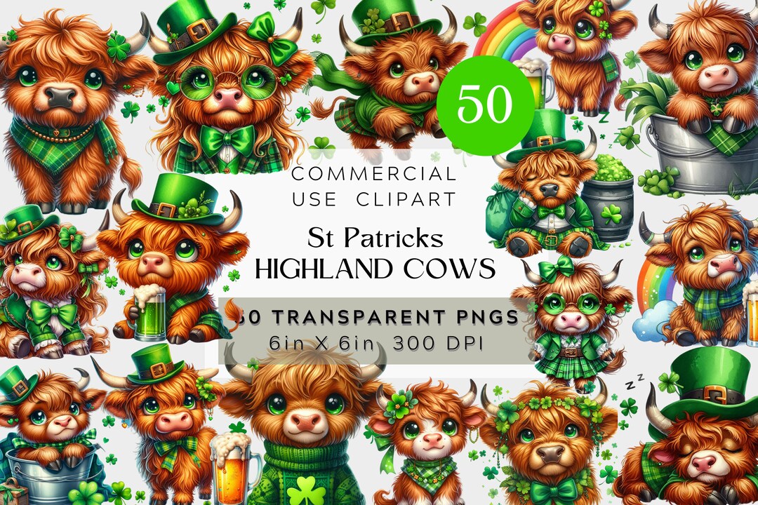 St Patrick's Day Highland Cows, Watercolor Clipart Bundle, Commercial ...
