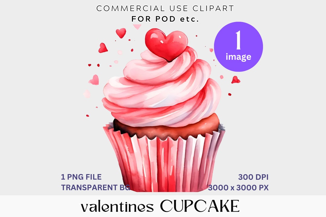 Cute Valentine's Day Cupcake Clipart Watercolor, SINGLE IMAGE ...