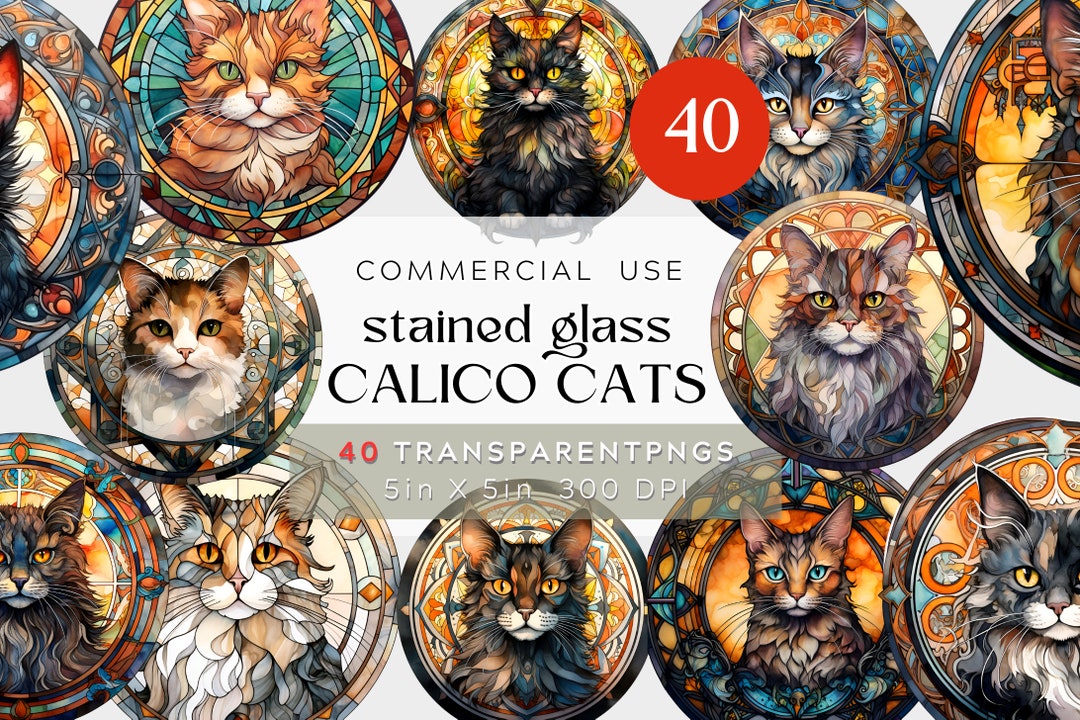 Stained Glass Calico Cat Designs, Mandala Watercolor Clipart BUNDLE ...