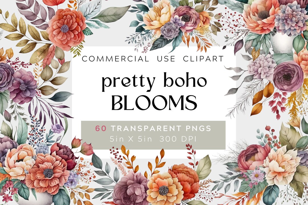 60 SVG PNG Boho Flower Arrangement Clipart BUNDLE, Watercolor ...