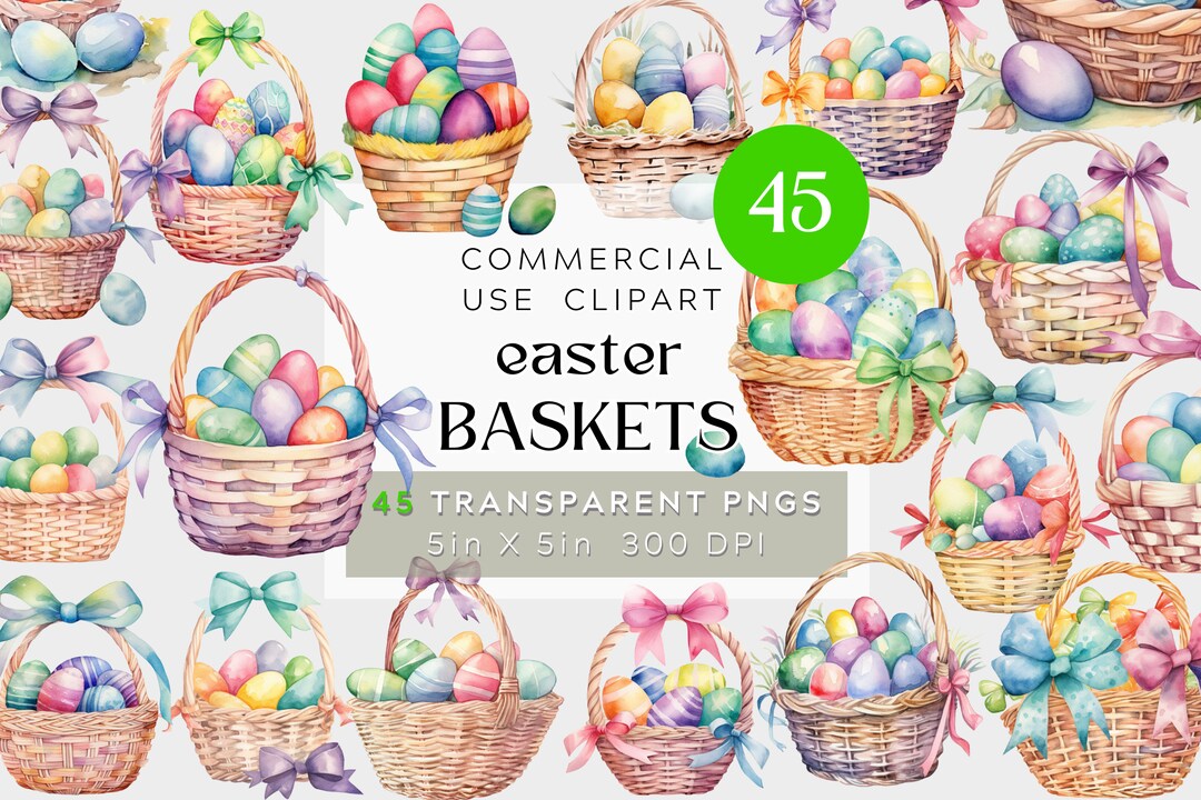 Easter Baskets, Watercolor Clipart, BUNDLE PNG, Transparent Background ...