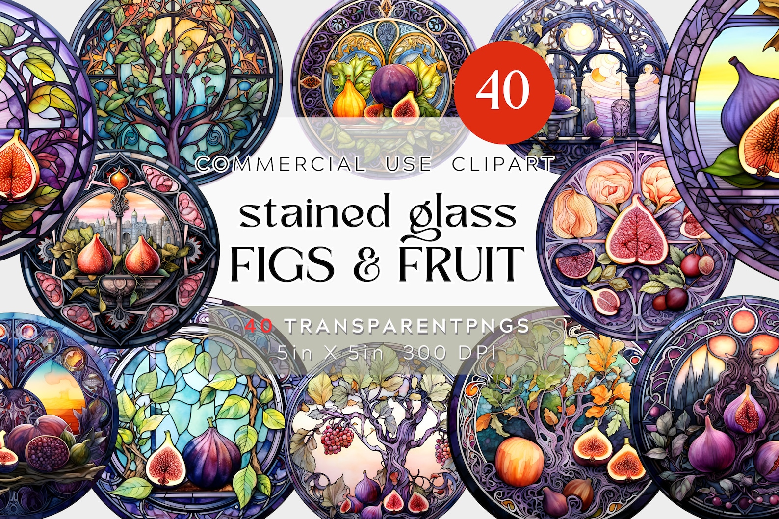 Stained Glass Figs Clipart, Figs and Fruit, Mandala Watercolor Clipart ...