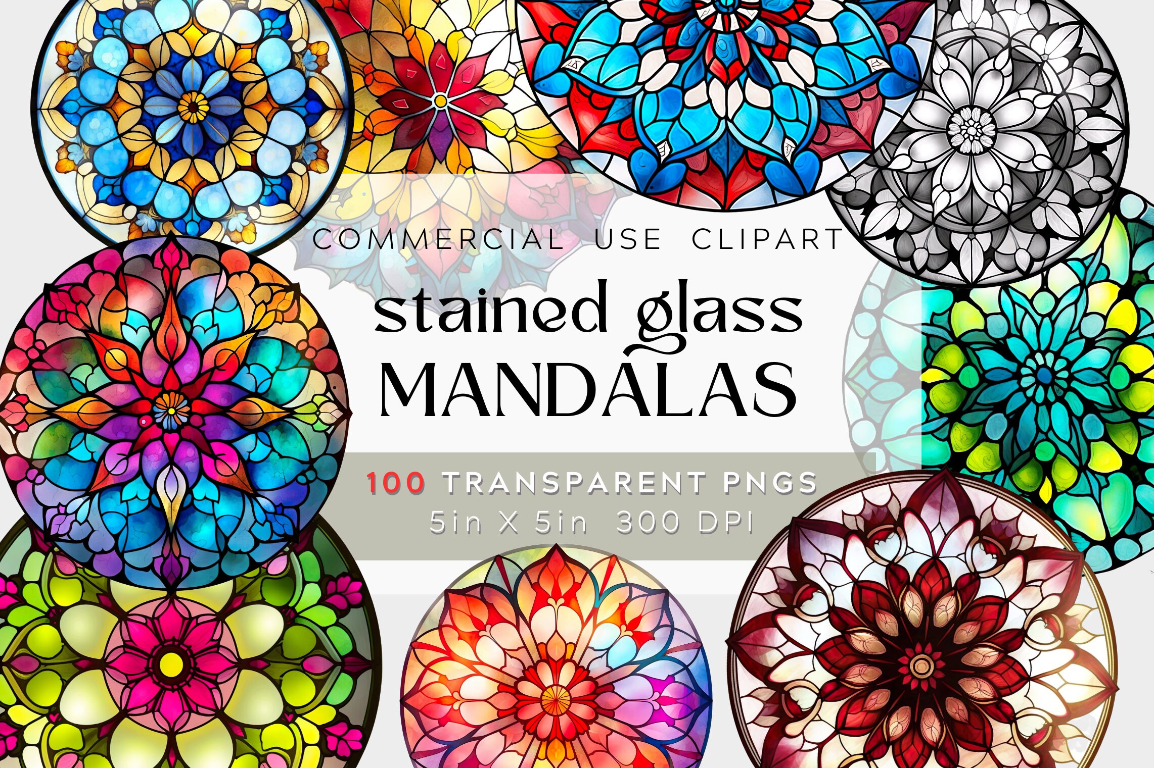100 PNG Stained Glass Designs, Mandala Watercolor Clipart BUNDLE ...