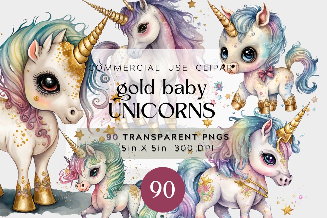 90 PNG Watercolor Gold Unicorn Clipart, Fantasy Colorful Unicorns ...