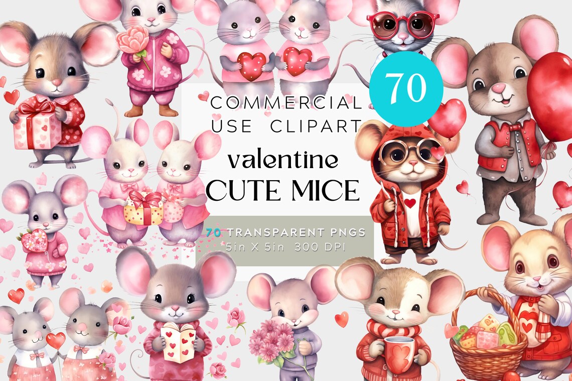 70 PNG Cute Mice, Valentines Day, Watercolor Clipart Bundle ...