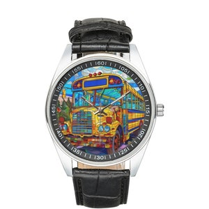 Stained Glass School Bus Watch With Black Leather Band, Watches for Men ...