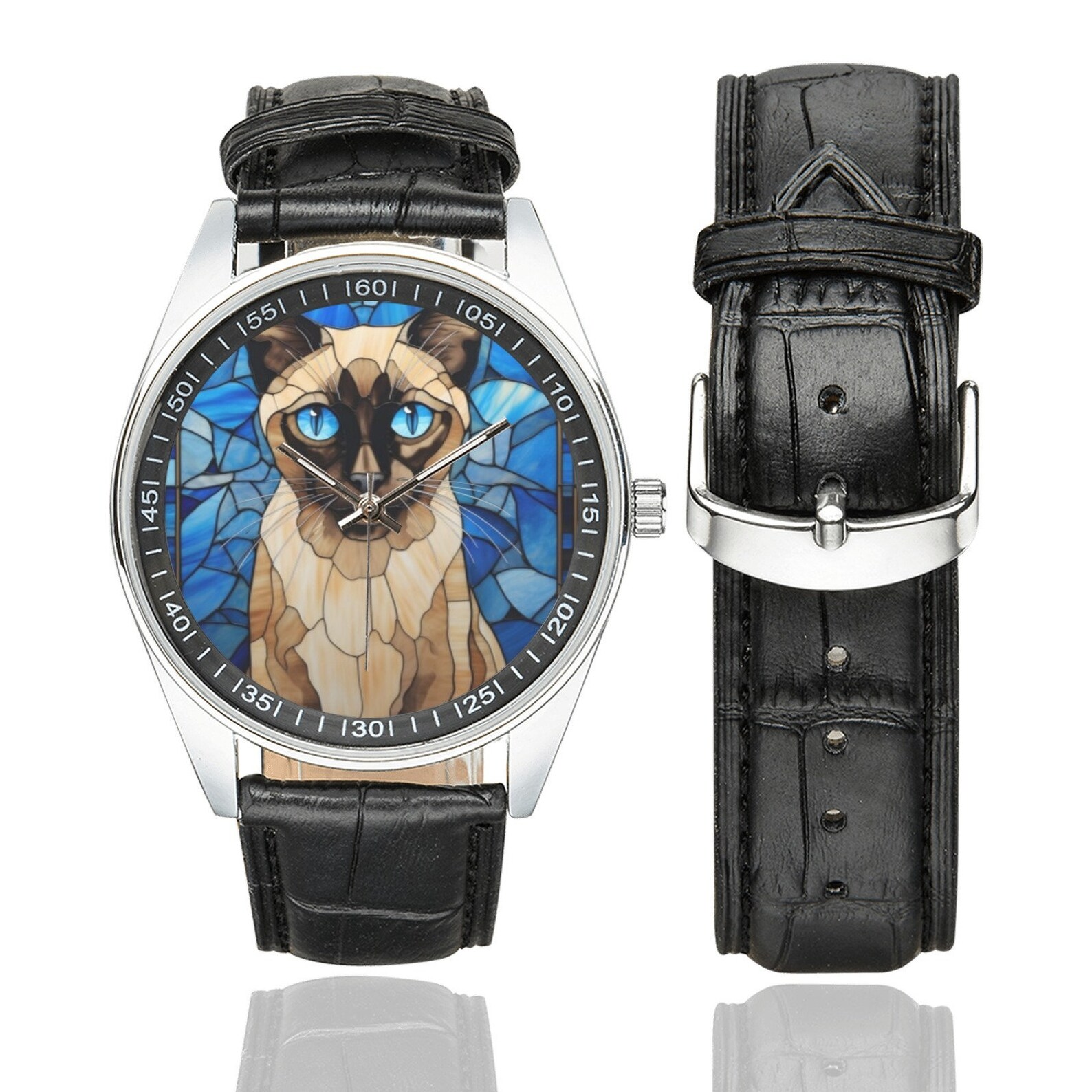 Stained Glass Siamese Cat Watch: Black Leather Band, Silver-tone Case ...