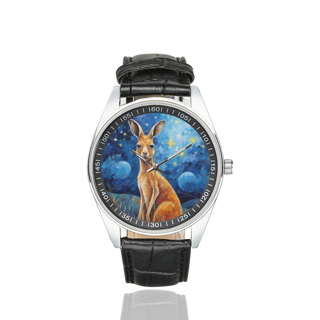 Starry Night Kangaroo Watch With Black Leather Band, Watches for Men ...