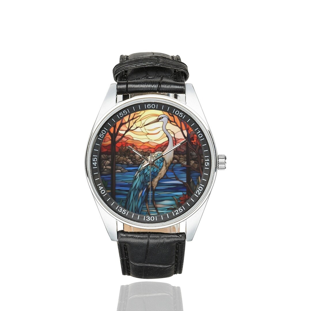 Stained Glass Crane Watch With Black Leather Band, Watches for Men and ...
