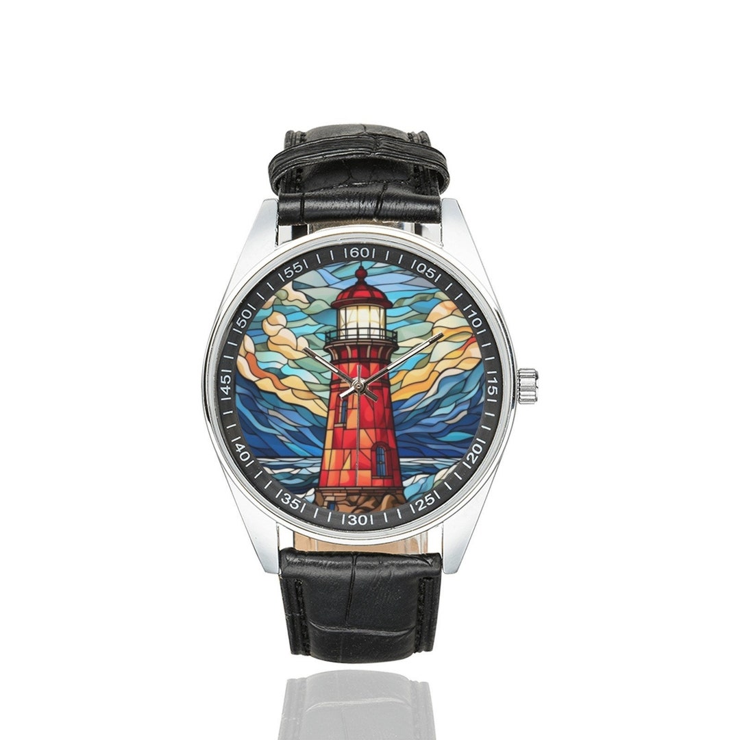 Stained Glass Lighthouse Watch With Black Leather Band, Watches for Men ...
