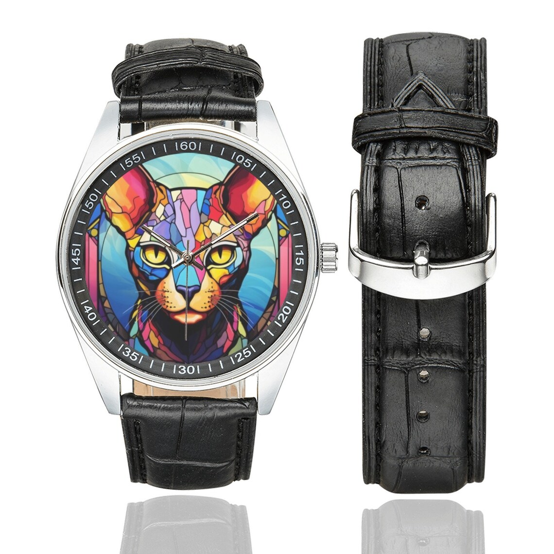 Stained Glass Sphynx Cat Watch: Black Leather Band - Etsy