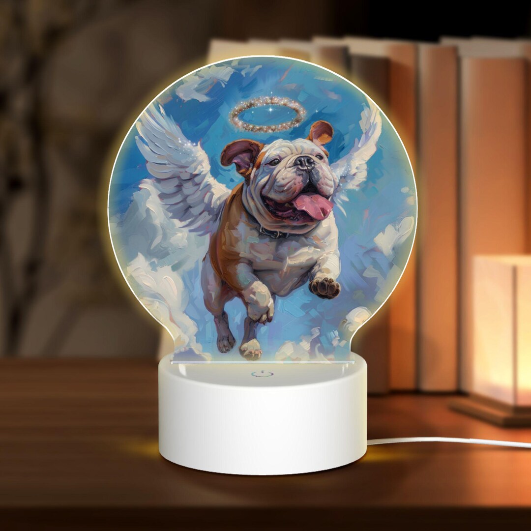 Round Shaped Acrylic Panel Angel Bulldog Night Light - Pet Memorial ...