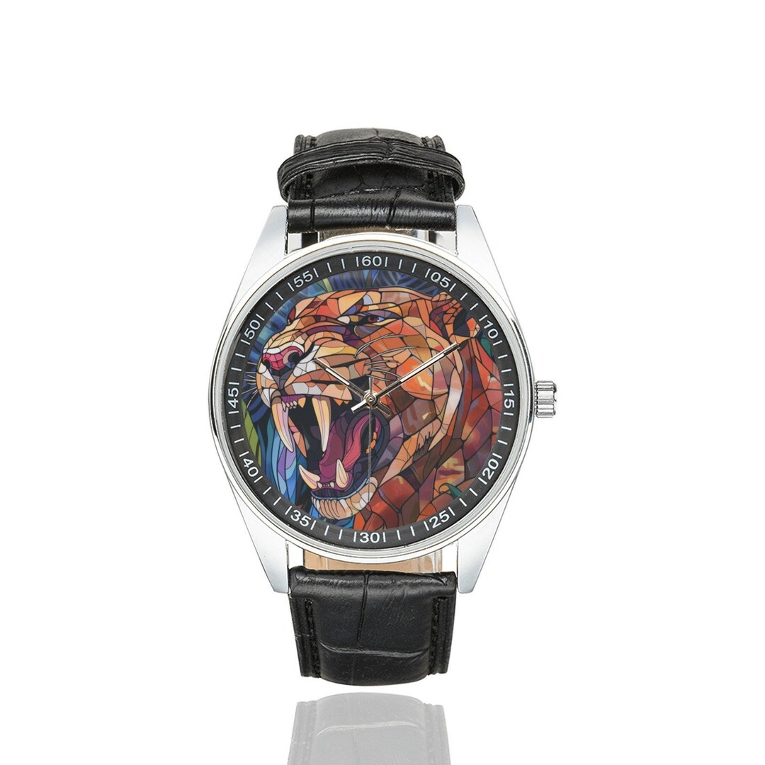 Stained Glass Smilodon Watch With Black Leather Band, Watches for Men ...