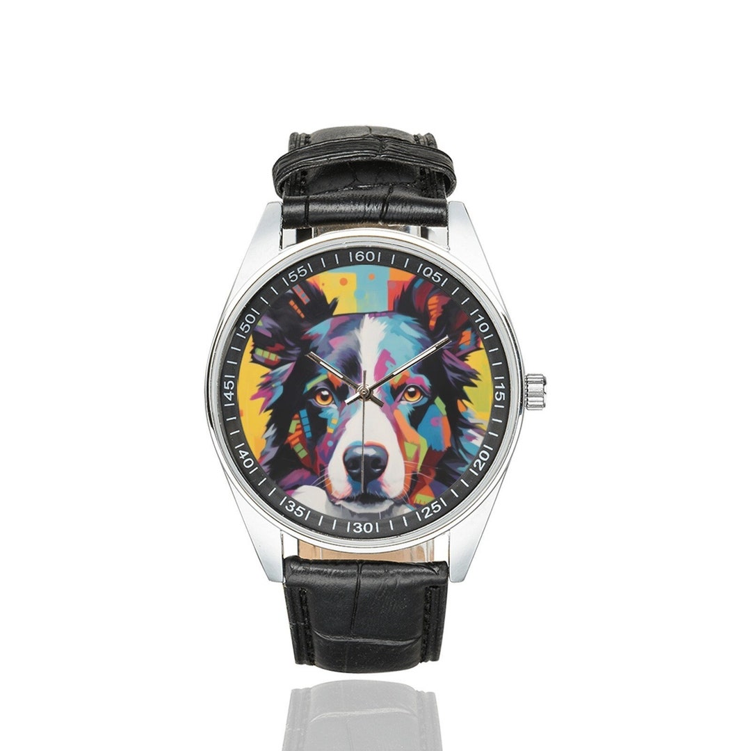 Modernist Border Collie Watch With Black Leather Band, Watches for Men ...